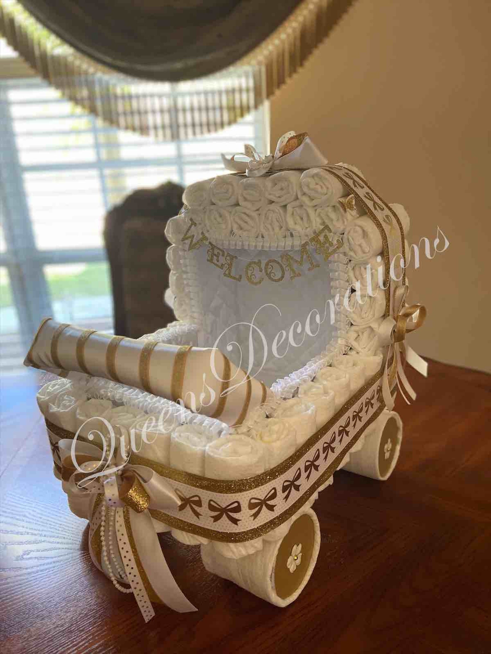 Elegant White and Gold Diaper Stroller/ Beautiful Baby Shower Gift ...
