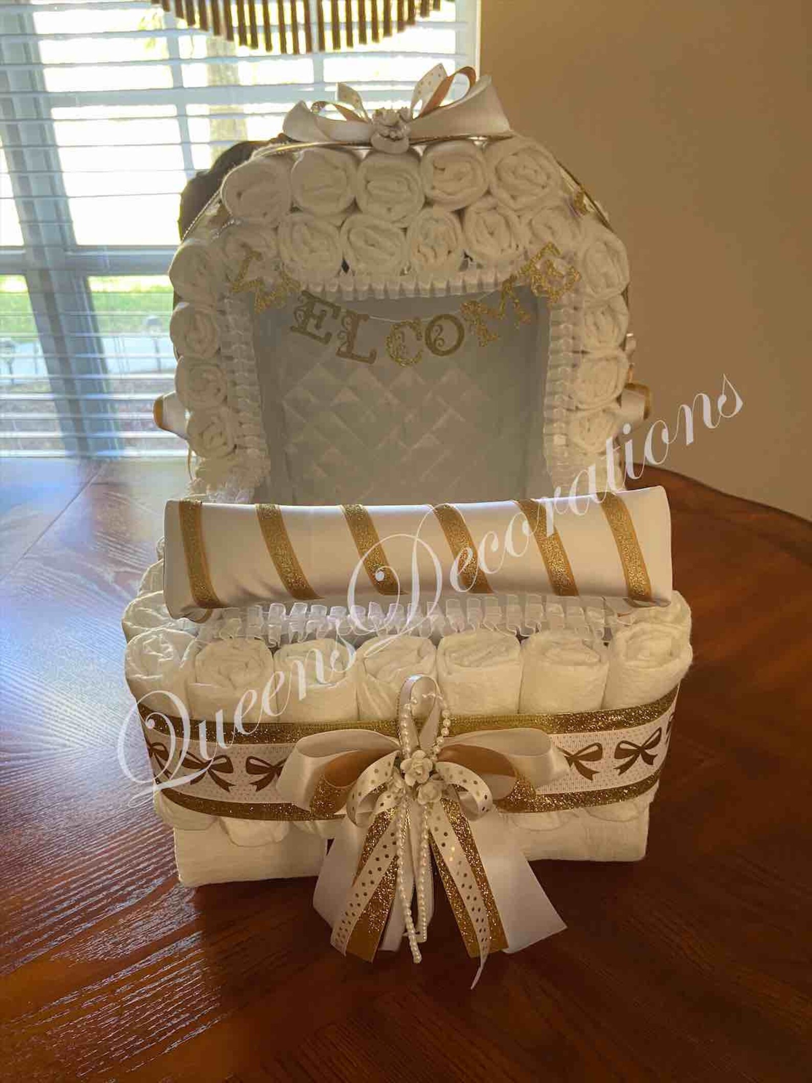 Elegant White and Gold Diaper Stroller/ Beautiful Baby Shower Gift ...
