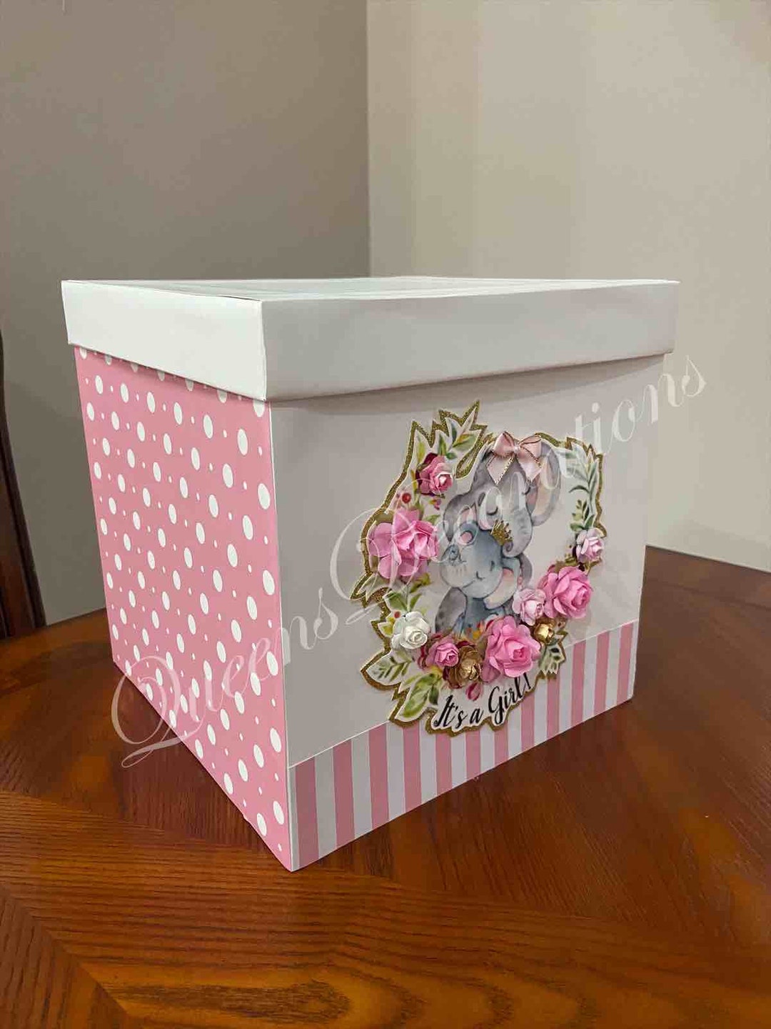 Elephant Card Box/ Elephant Themed Card Box/ Pink and Gold Card Box ...