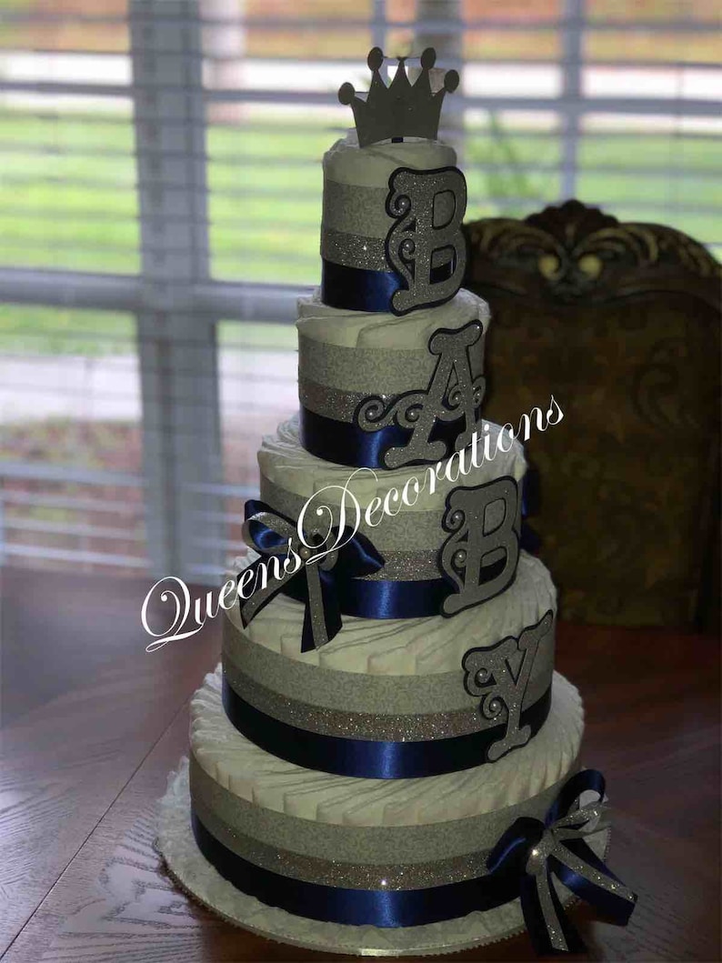 5 Tier Diapers Cake/ Navy Blue and Silver Diaper Cake / Unique | Etsy