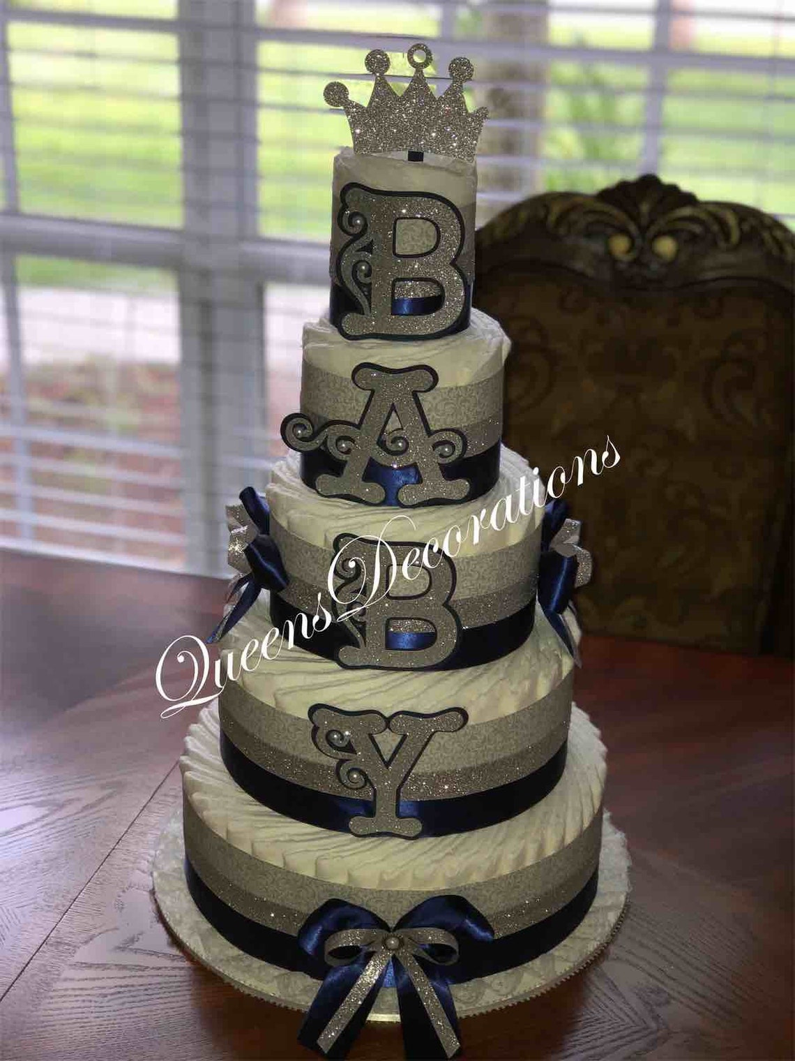 5 Tier Diapers Cake/ Navy Blue and Silver Diaper Cake / Unique | Etsy