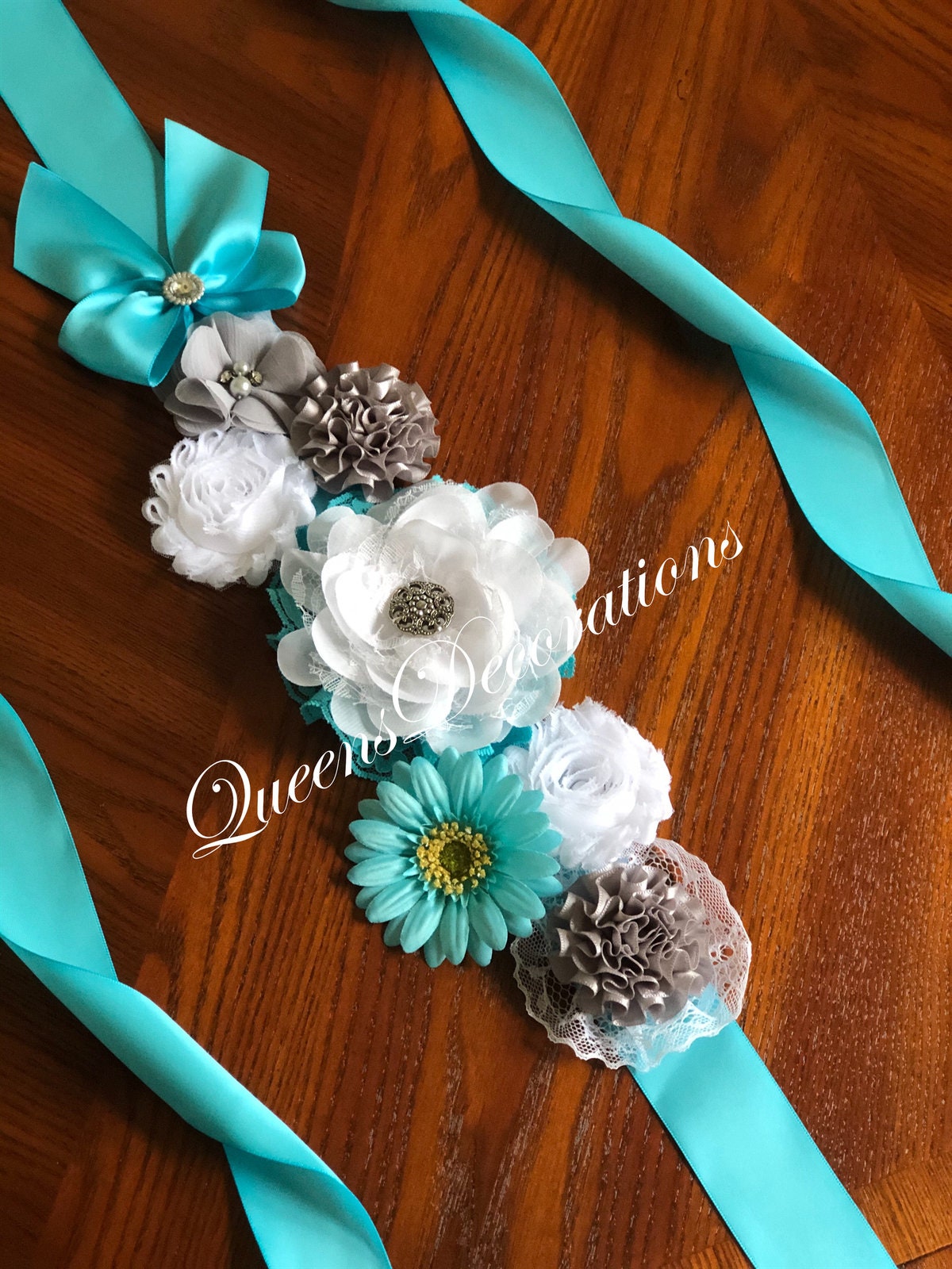 Mommy To Be Sash/ Beautiful Aqua and Grey Mommy To Be Sash/ | Etsy
