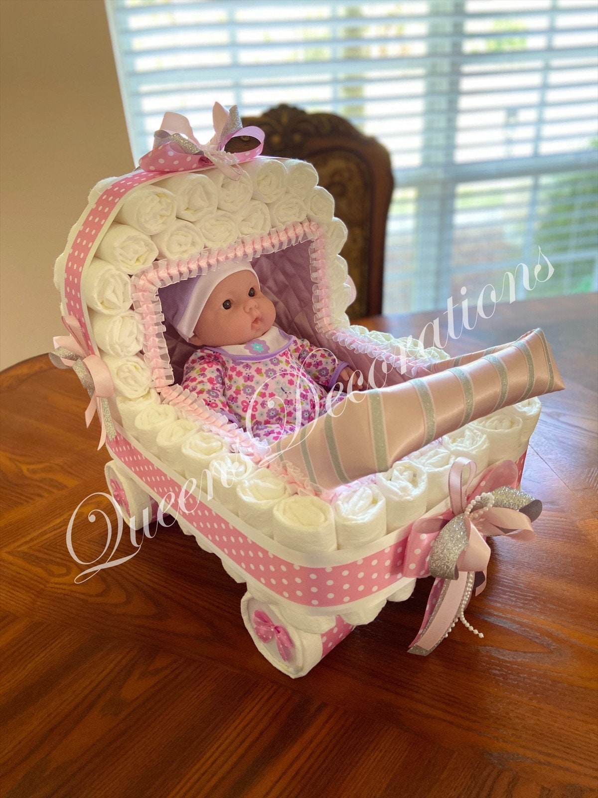Elegant Diaper Stroller/ Pink and White Polka Dot Diaper Stroller/ Girl ...