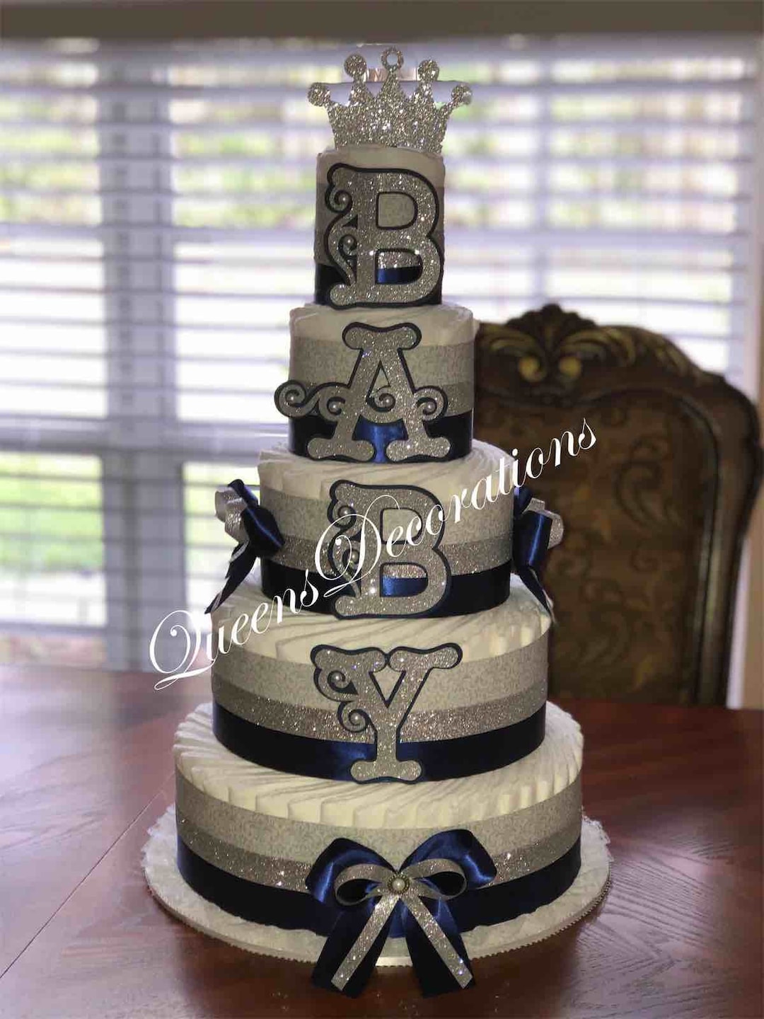 5 Tier Diapers Cake/ Navy Blue and Silver Diaper Cake / Unique Baby ...
