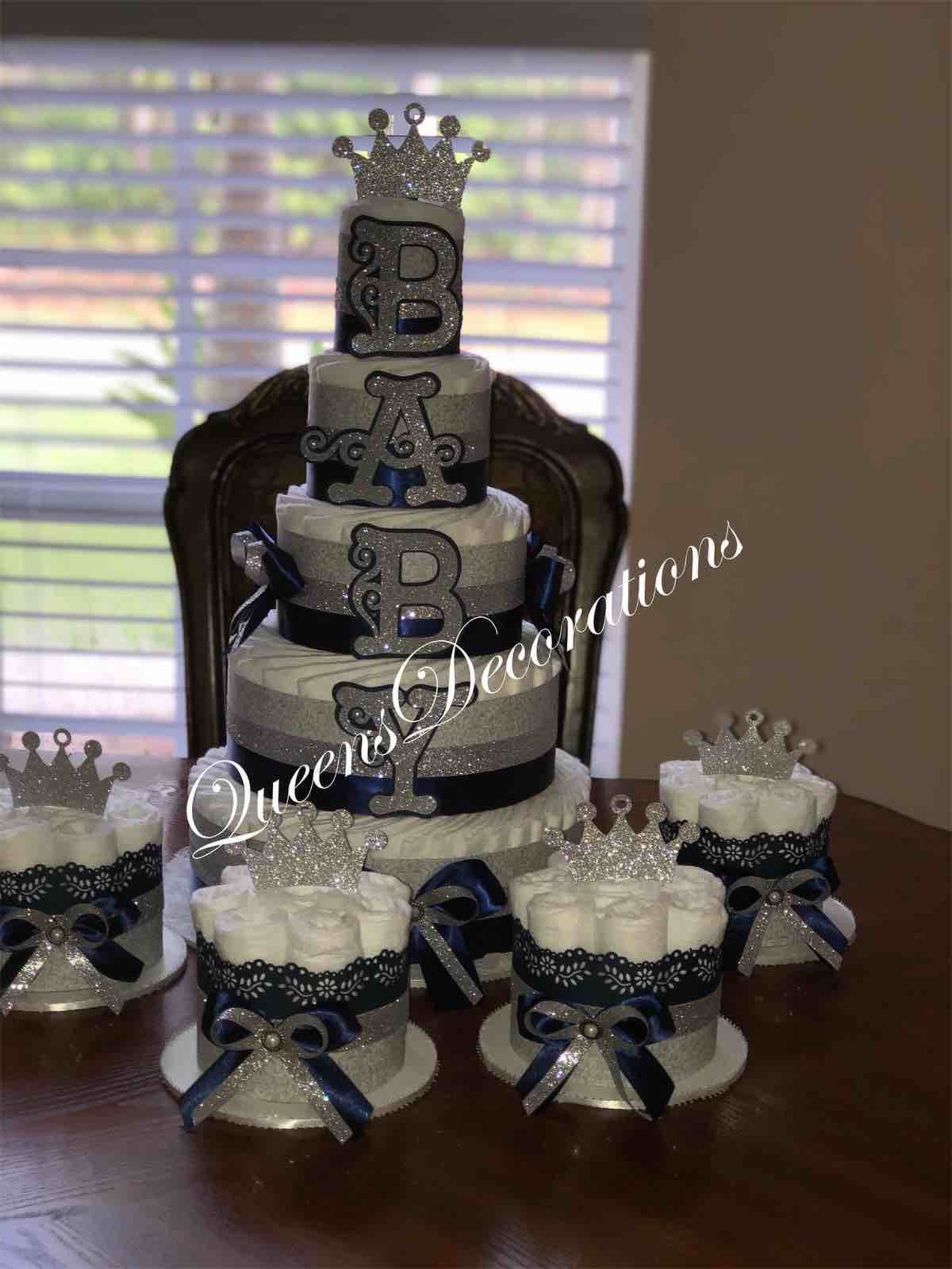 5 Tier Diapers Cake/ Navy Blue and Silver Diaper Cake / Unique | Etsy