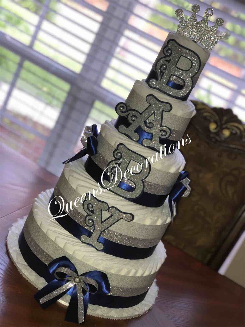 5 Tier Diapers Cake/ Navy Blue and Silver Diaper Cake / Unique | Etsy