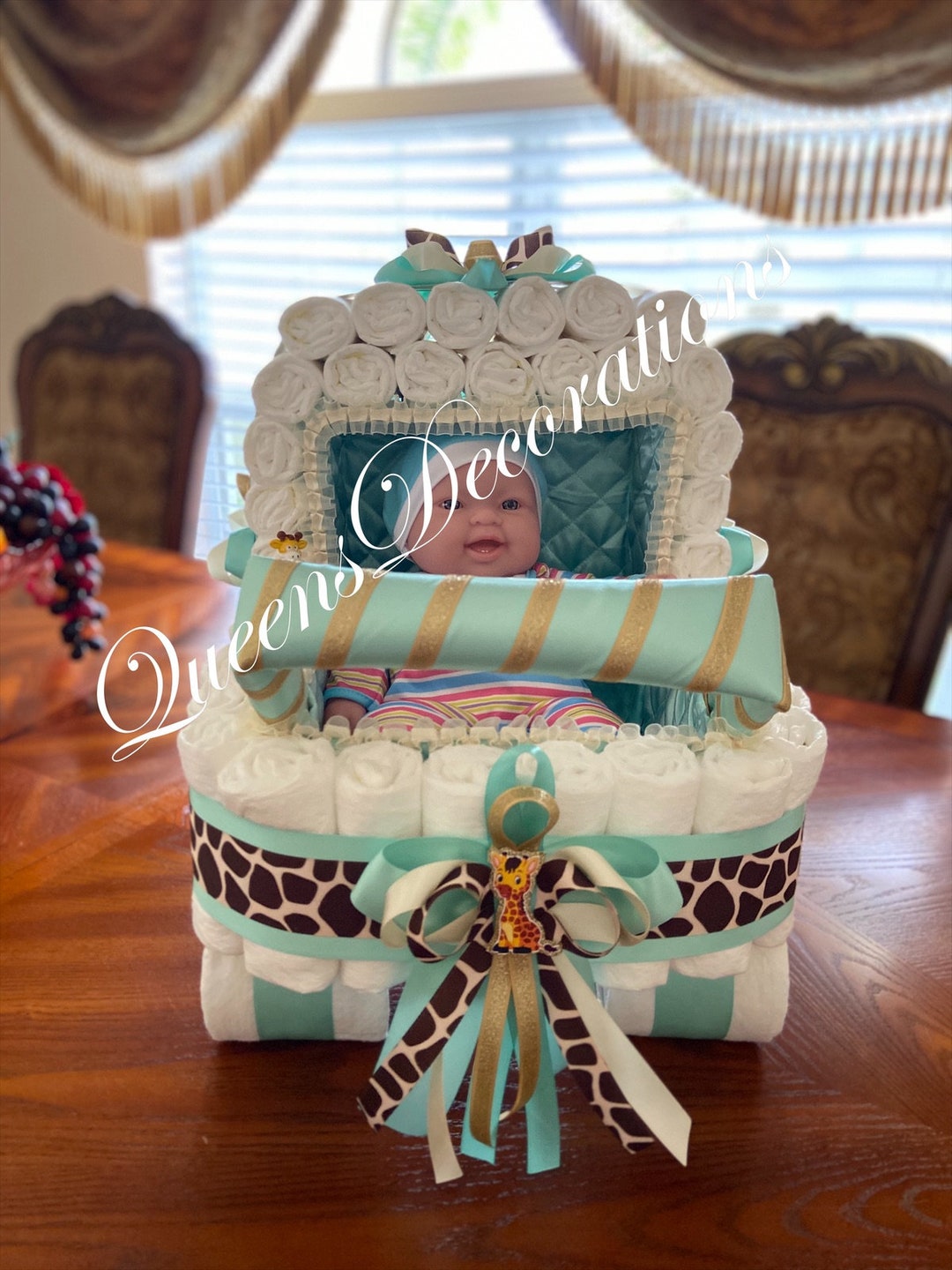 Aqua and Ivory Stroller/ Giraffe Diaper Stroller/ Baby Shower Diaper ...