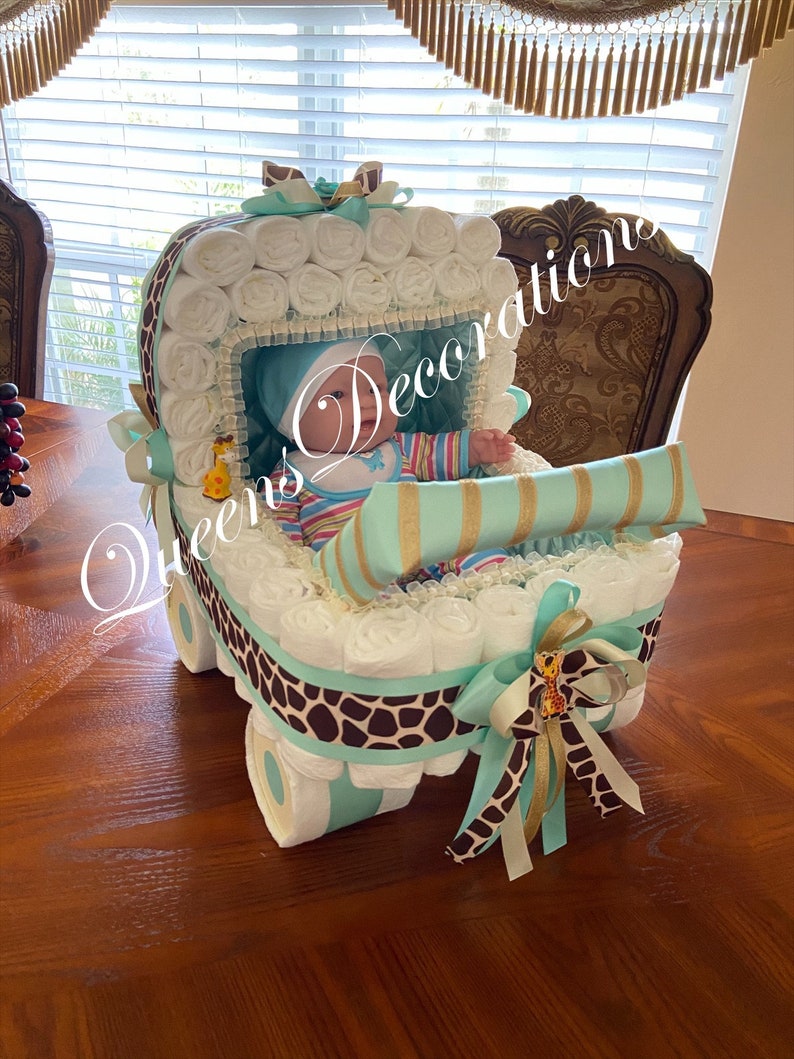 Aqua and Ivory Stroller/ Giraffe Diaper Stroller/ Baby Shower Diaper ...