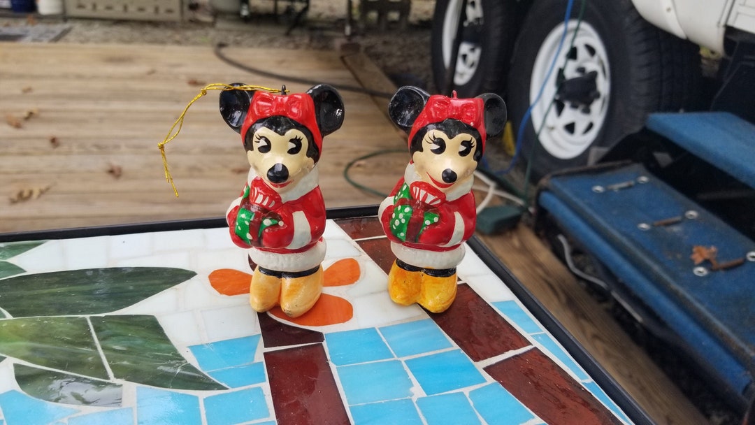Two Vintage Pie Eyed Minnie Mouse Holding a Christmas Present Ornaments ...
