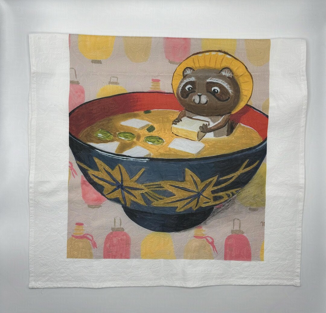 Tanuki Miso Soup Tea Towel: Kawaii Yokai Kitchen Decor - Etsy