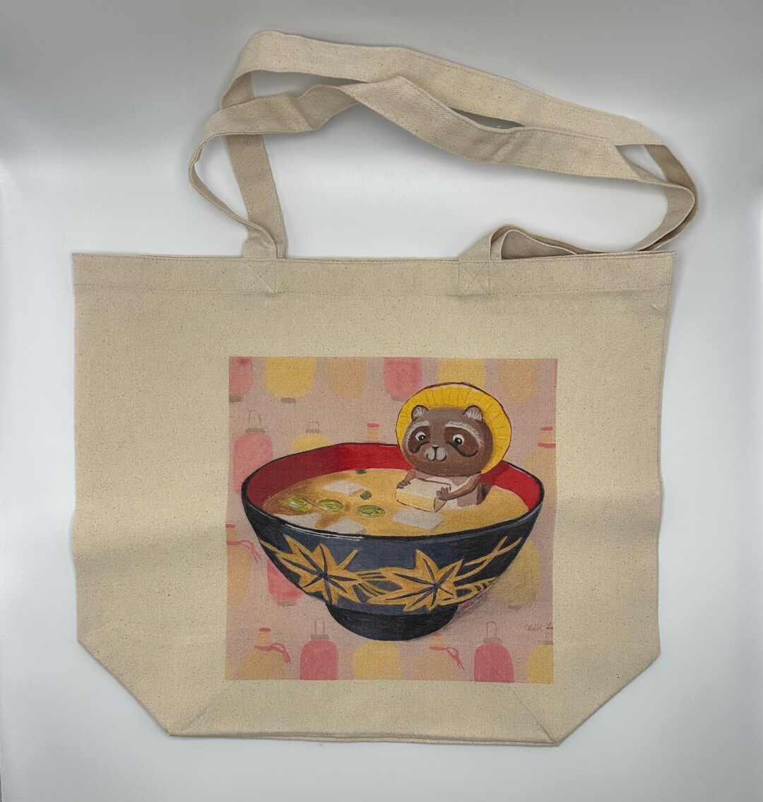 Miso Tanuki Cotton Tote Bag Yokai Tanuki Chilling in a Comforting Bowl ...