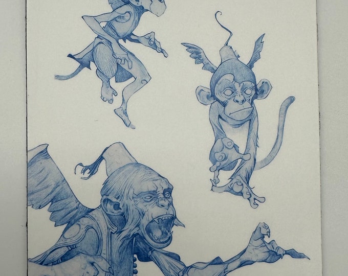 Magnet of Flying Monkeys Blue Pencil Sketch by Dela Longfish - Etsy