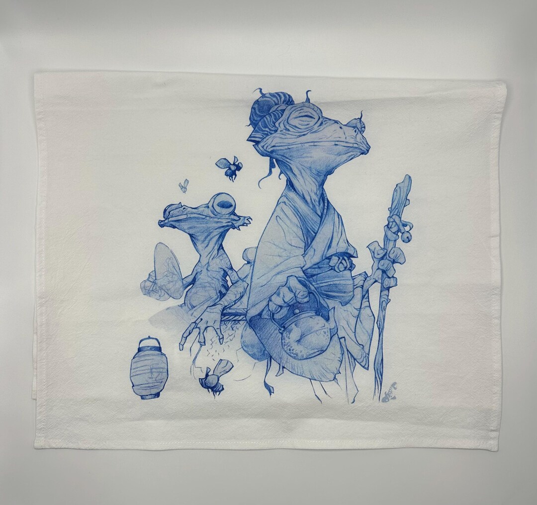 Tea Towel With Elder Samurai Frog Design by Dela Longfish - Etsy