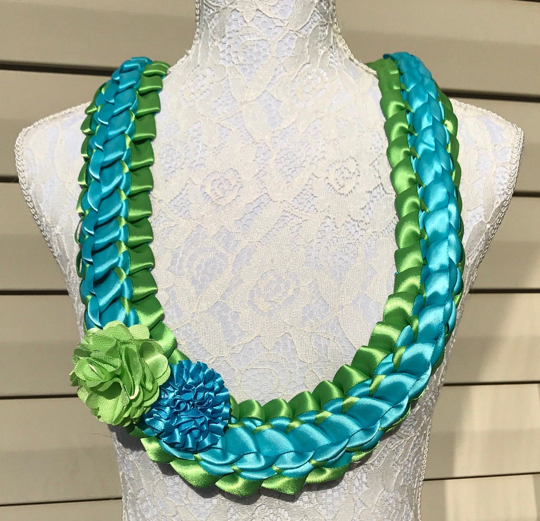 Graduation Lei Aqua and Olive Green Ribbon Lei Satin Ribbon Lei School ...