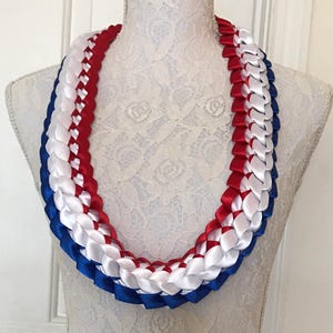 Graduation Lei Red Blue and White Lei Satin Ribbon Lei July Fourth ...