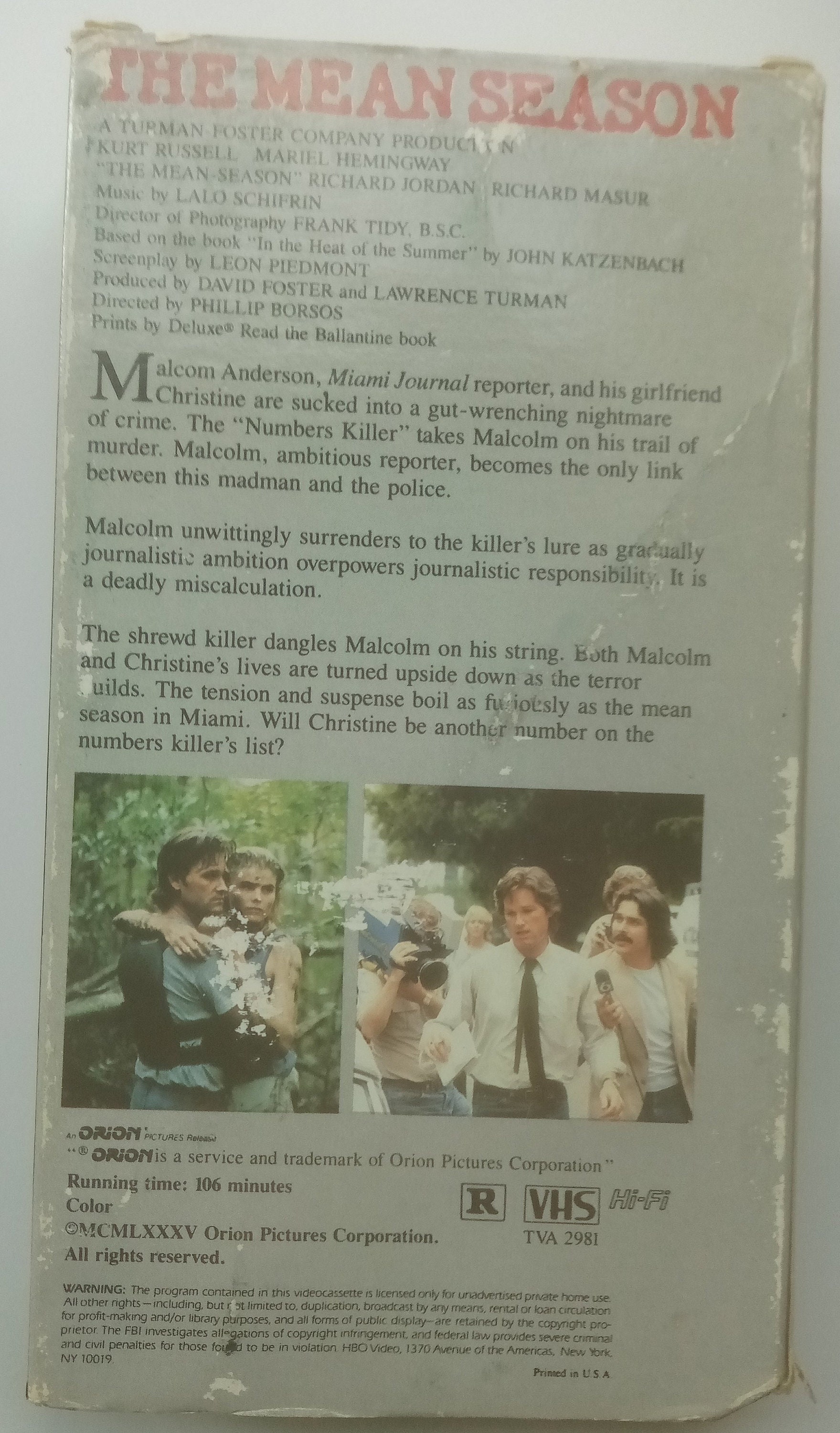 The Mean Season 1985 VHS Video Cassette Tape Kurt Russell - Etsy