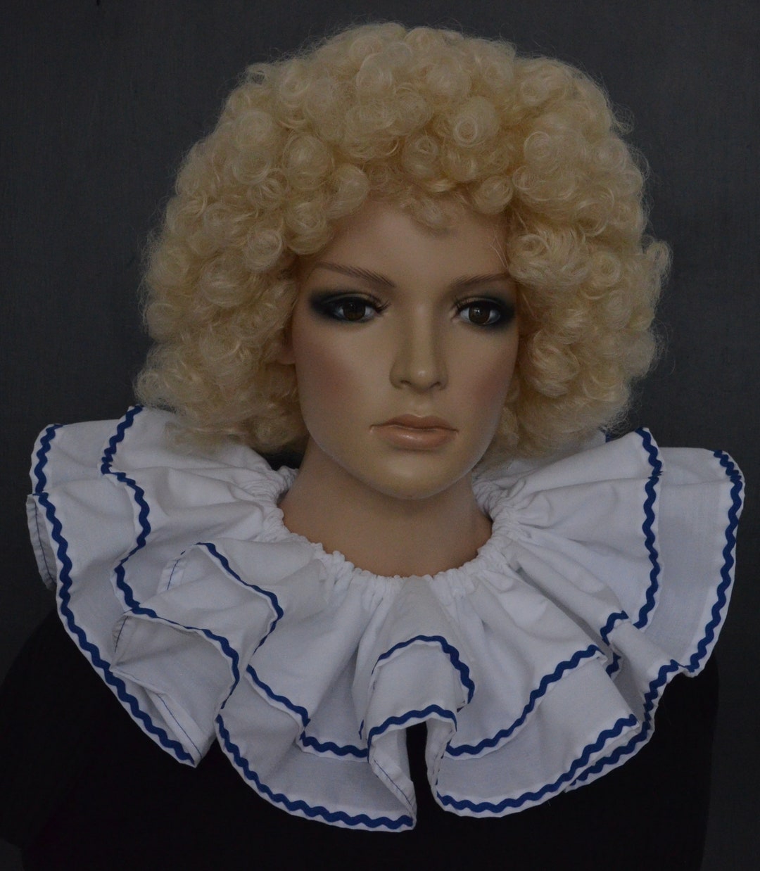 2 Layer White With Blue Trim Circus Clown Collar, Fancy Dress Neck Ruff ...