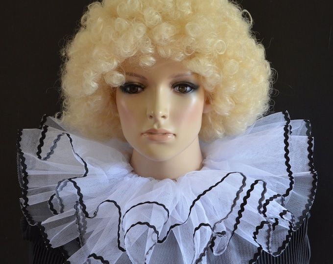 PIERROT CLOWN COLLAR Ruff - Ruffle in White Net With Black Ric-rac Trim ...