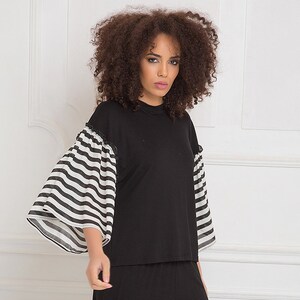 Puff Sleeves Black Blouse, Women Black Top, Plus Size Clothing, Wide ...