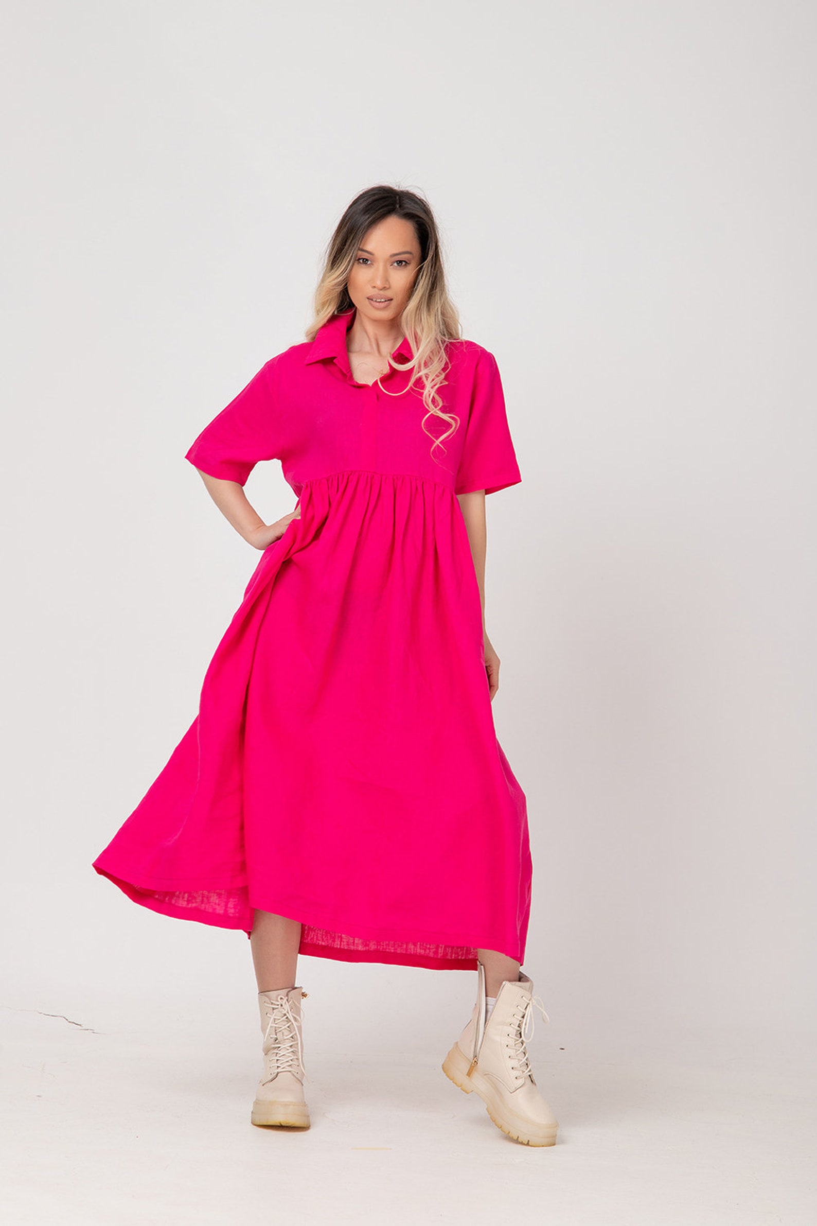 Linen Pink Dress Linen Kaftan MANAMI Dress Plus Size | Etsy