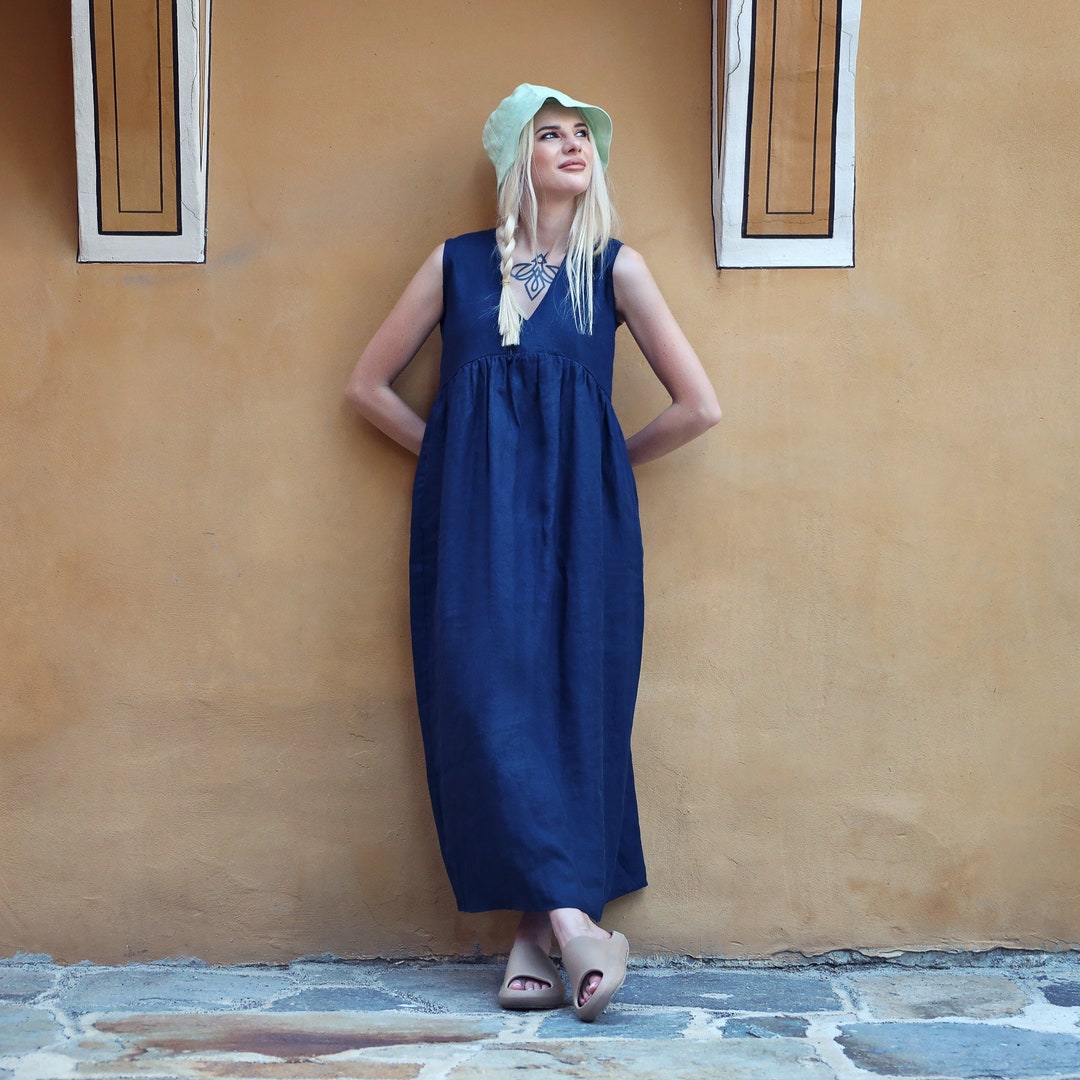 Prussian Blue Linen Maxi Dress: Sleeveless Summer Clothing - Etsy