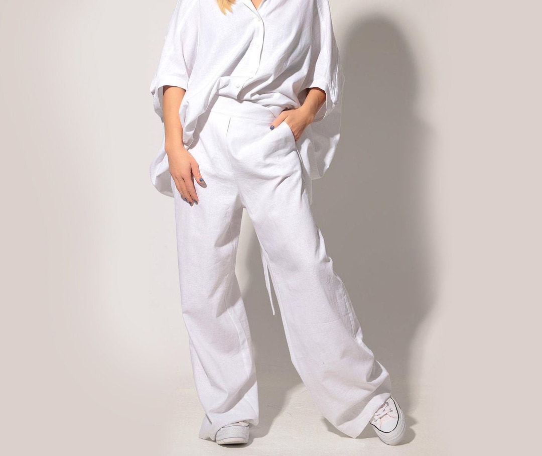 White Linen Pants for Women, Wide Leg Pants, Linen Clothing, Loose ...