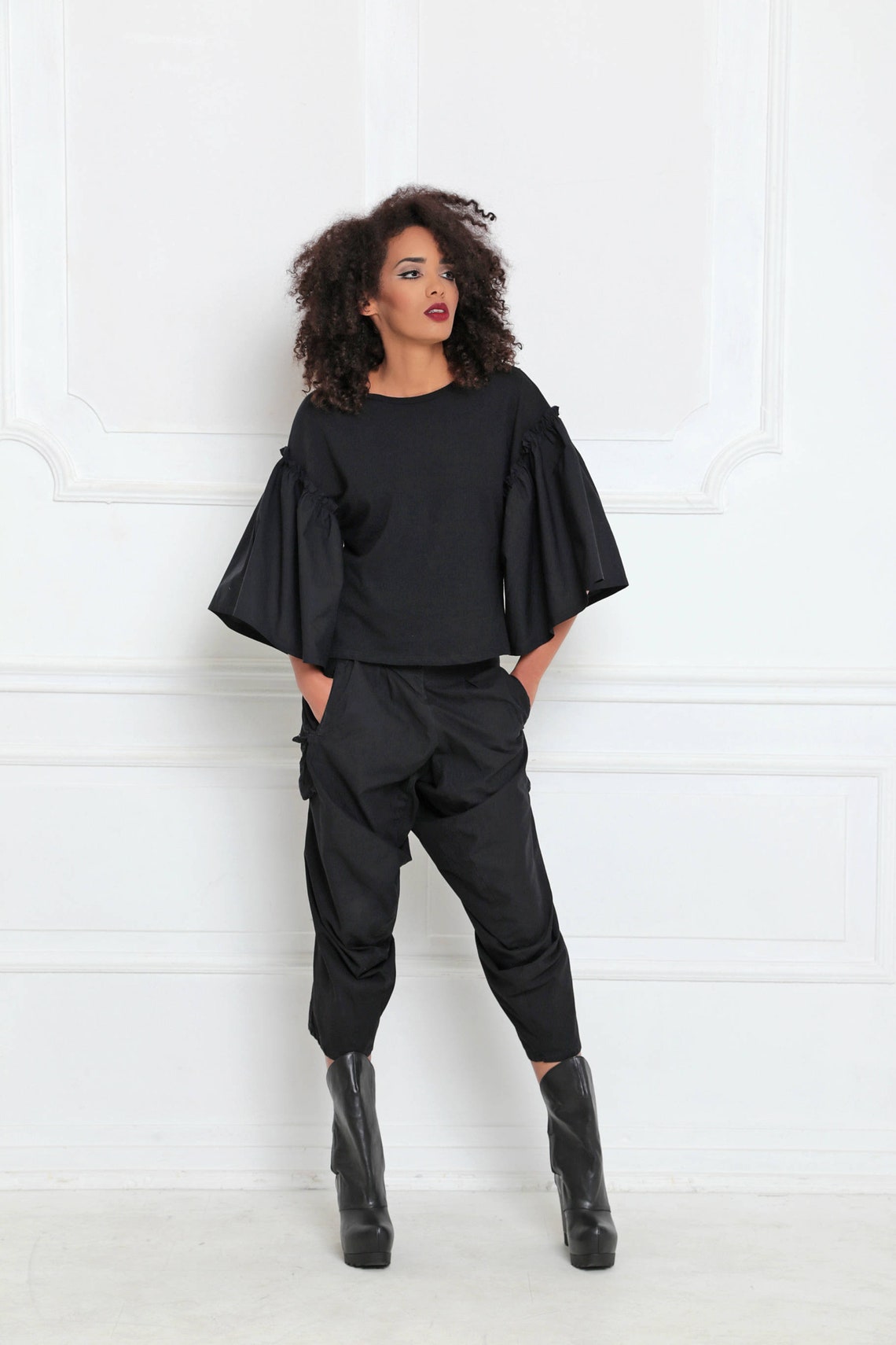 Puff Sleeves Blouse Black Top Plus Size Top Women Top | Etsy