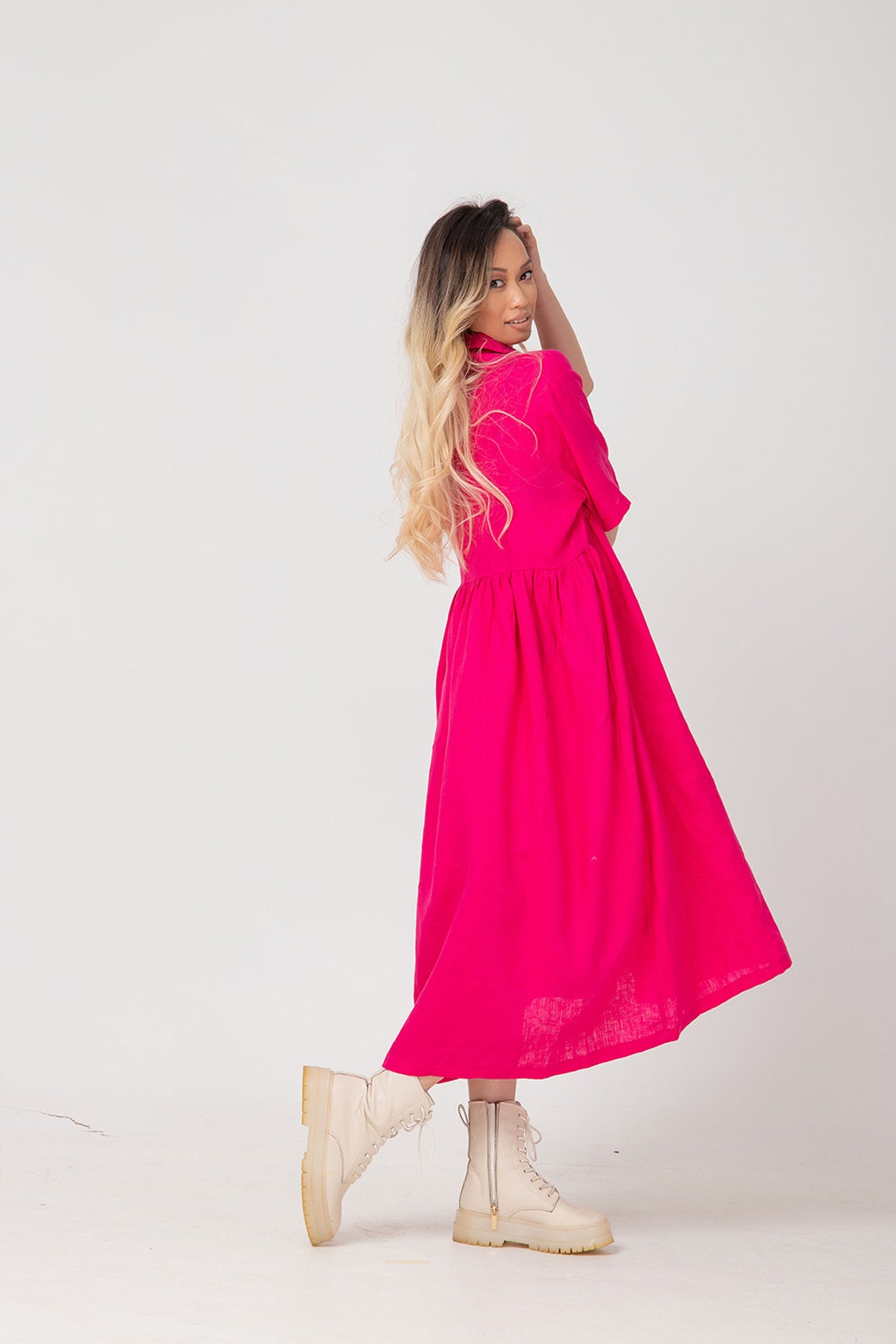 Linen Pink Dress Linen Kaftan MANAMI Dress Plus Size | Etsy