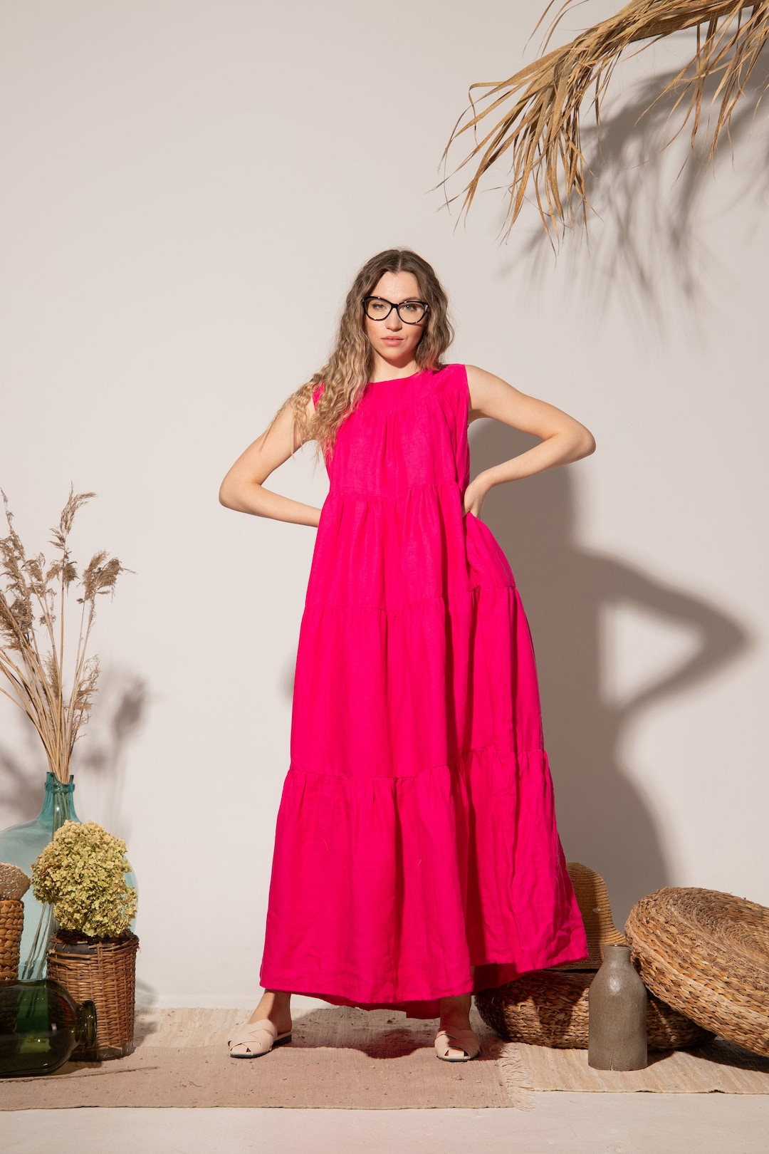 Hot Pink Dress, Linen Clothing, Fuschia Dress, Pink Linen Maxi Dress ...