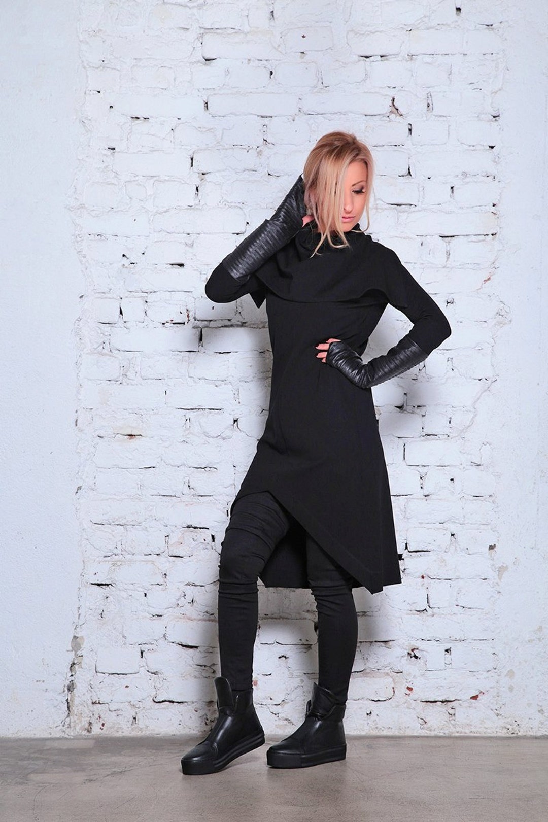 Black Tunic Dress: Elven Winter Sweater With Vegan Leather Sleeves - Etsy