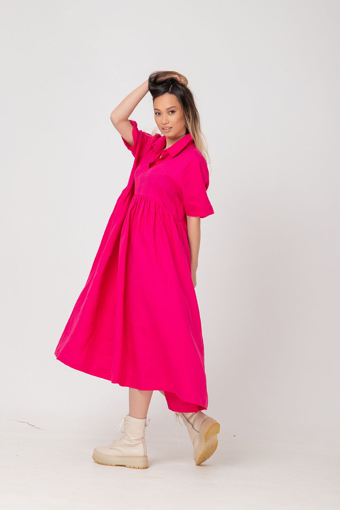 Linen Pink Dress Linen Kaftan MANAMI Dress Plus Size | Etsy