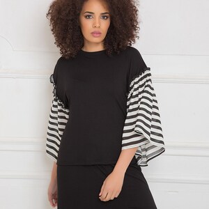 Puff Sleeves Black Blouse, Women Black Top, Plus Size Clothing, Wide ...