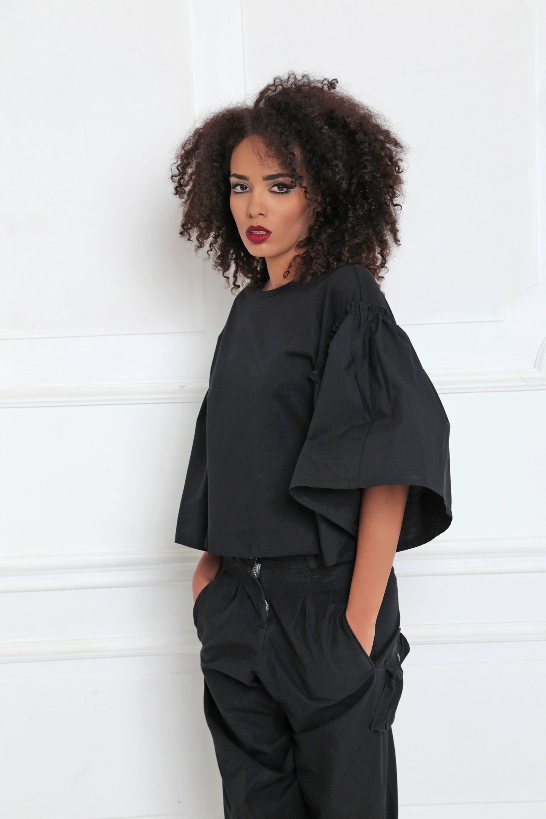 Puff Sleeves Blouse Black Top Plus Size Top Women Top | Etsy