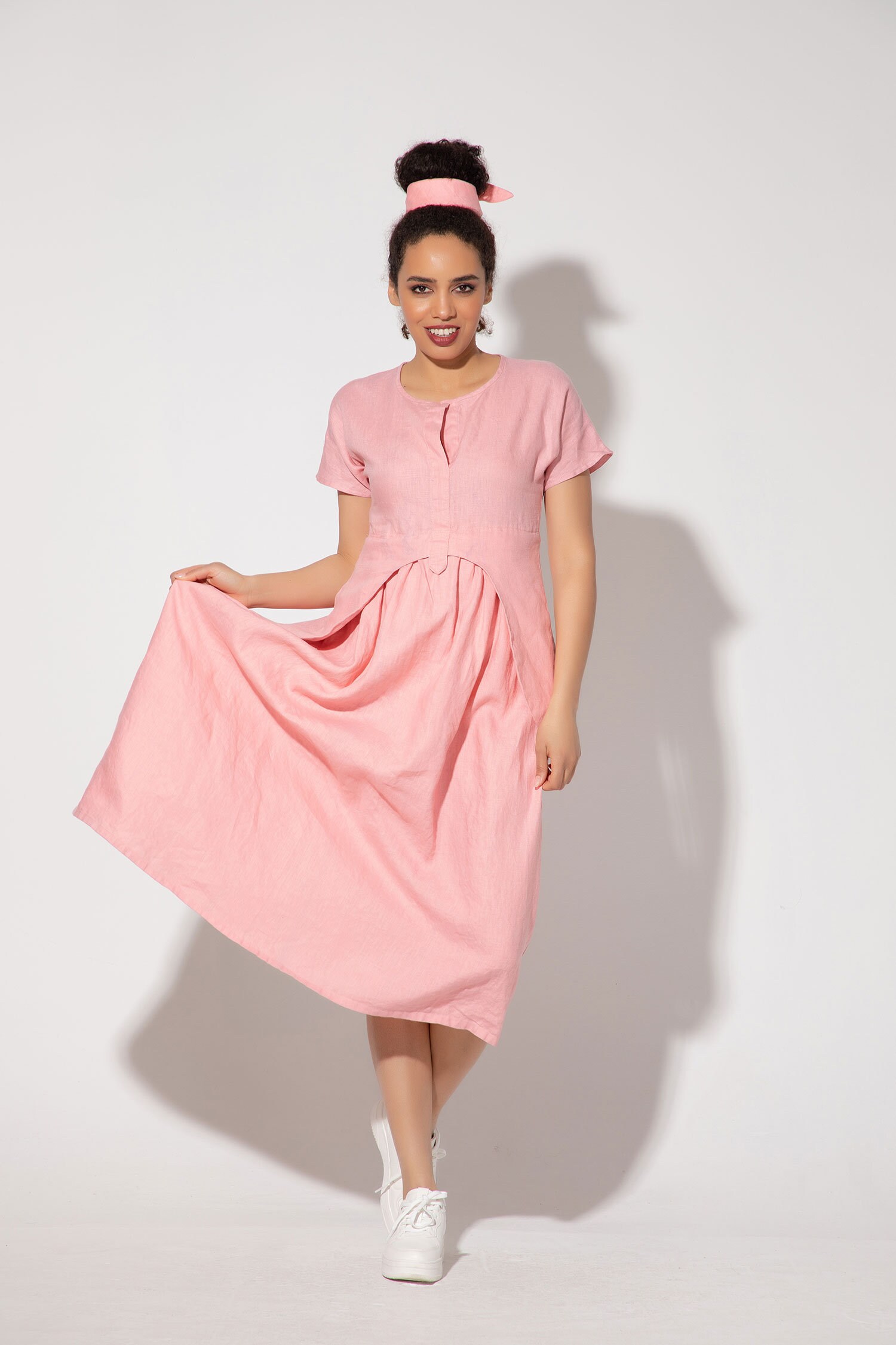 Linen Midi Dress YOLANI Pink Linen Dress Romantic Linen - Etsy
