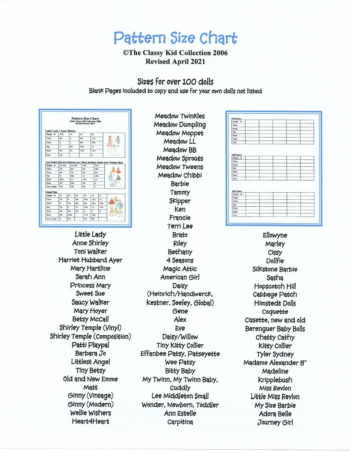 Pattern Size Chart - Doll Measurements Chart - Etsy