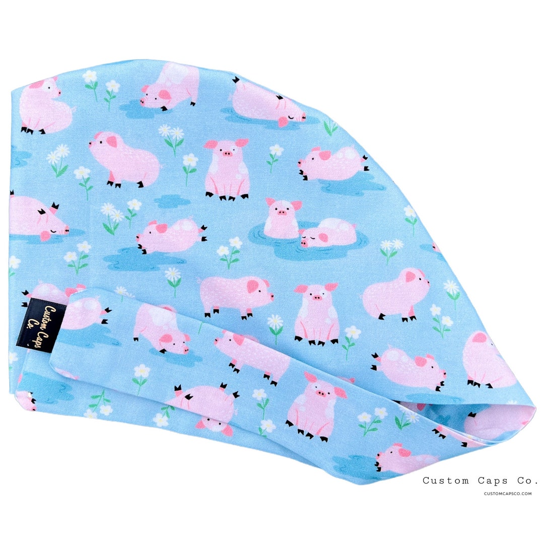 Pigs on Blue Surgical Scrub Hat, Women's Adorable Farm Pixie Scrub Cap ...