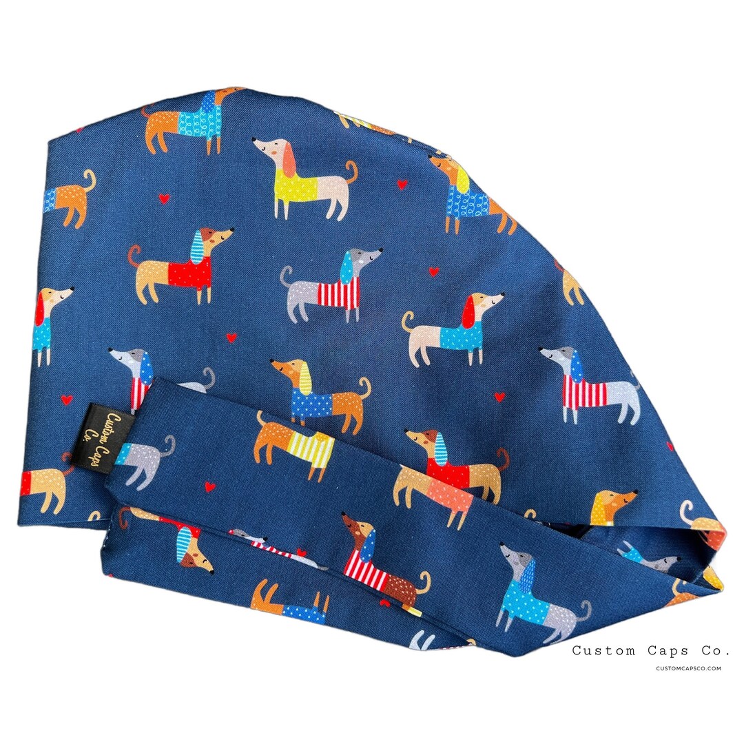 Puppy Love on Blue Surgical Scrub Cap, Women's Adorable Animal Pixie ...