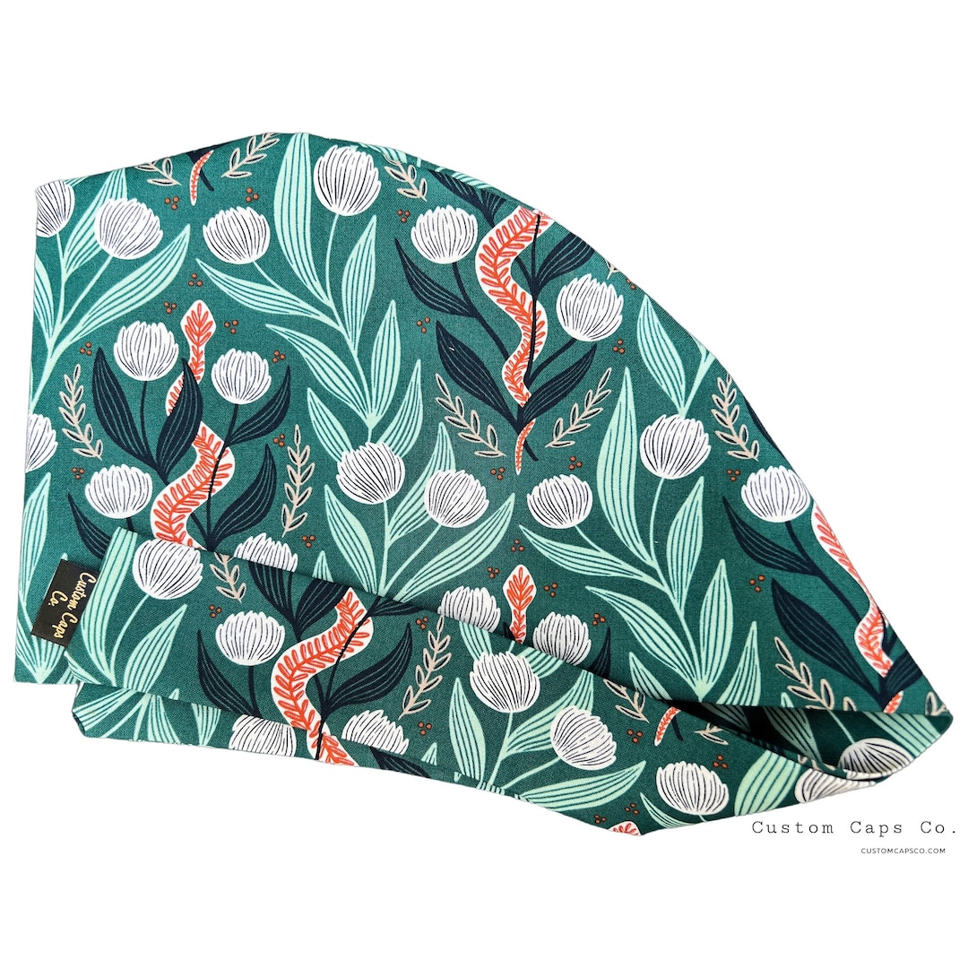 Garden Snake Surgical Scrub Hat, Women's Beautiful Organic Cotton Reptile Pixie Scrub Cap Custom ...