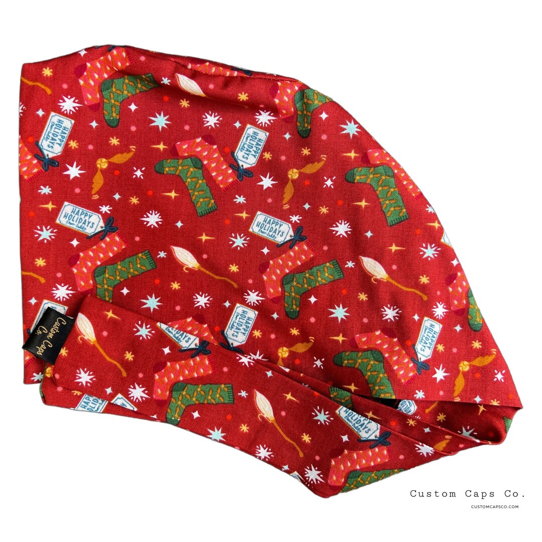 Wizard Stockings on Red Surgical Scrub Hat, Women's Adorable Holiday ...