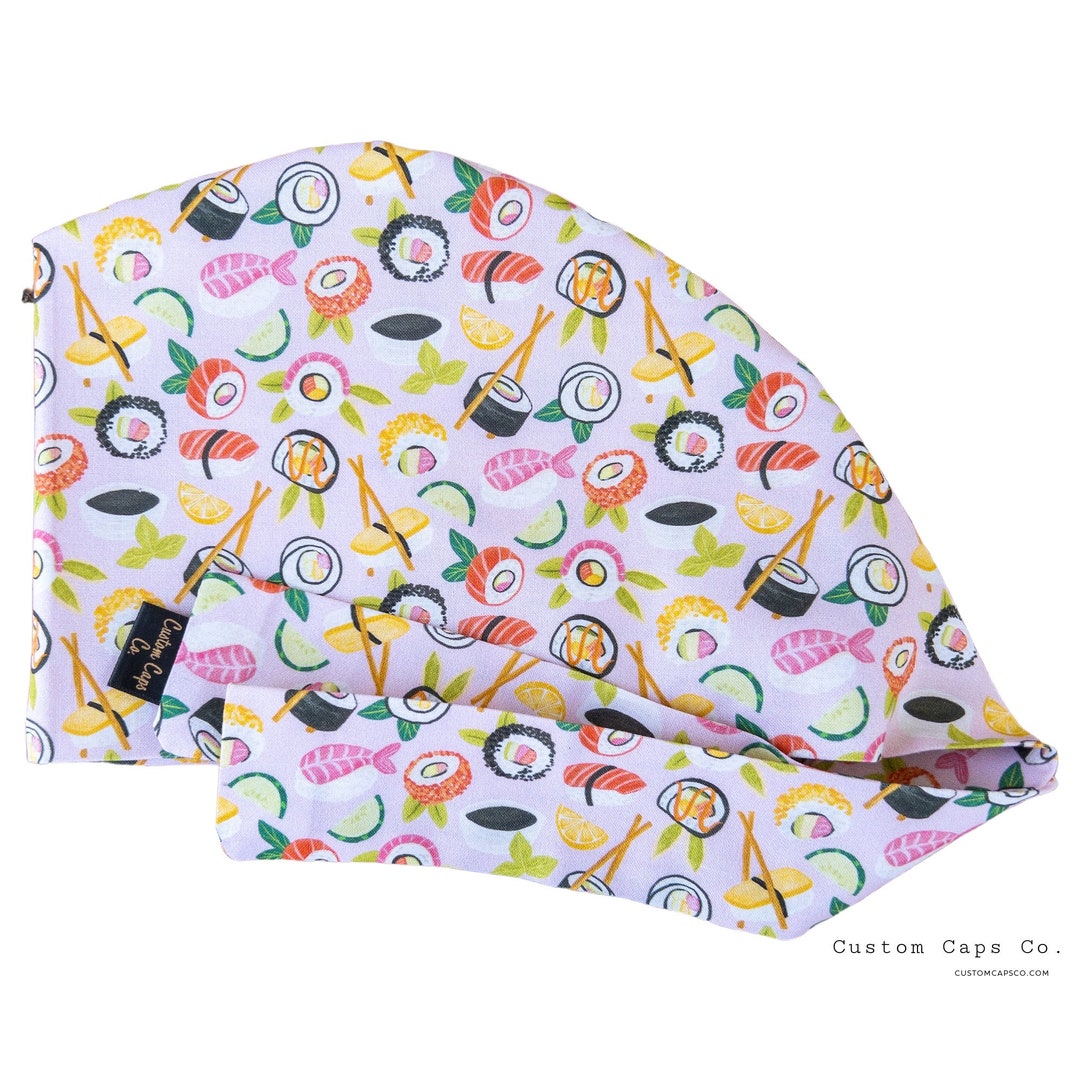Sushi Roll on Light Pink Surgical Scrub Cap, Women's Adorable Food ...