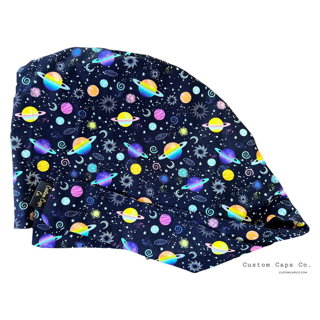 Groovy Planets on Black Surgical Scrub Hat, Women's Space Pixie Scrub ...