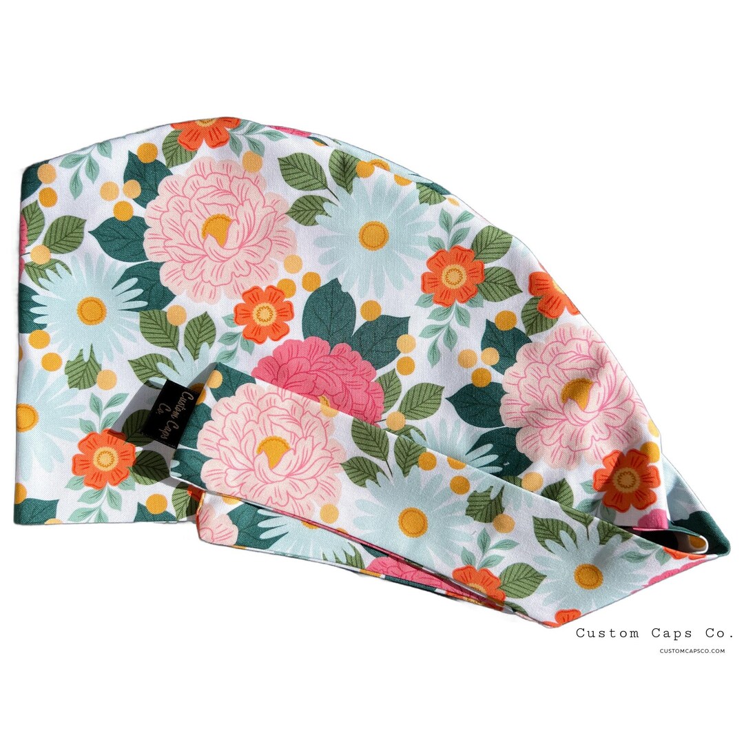 Peony + Daisy Pixie Scrub Cap, Women's Beautiful Floral Surgical Scrub ...