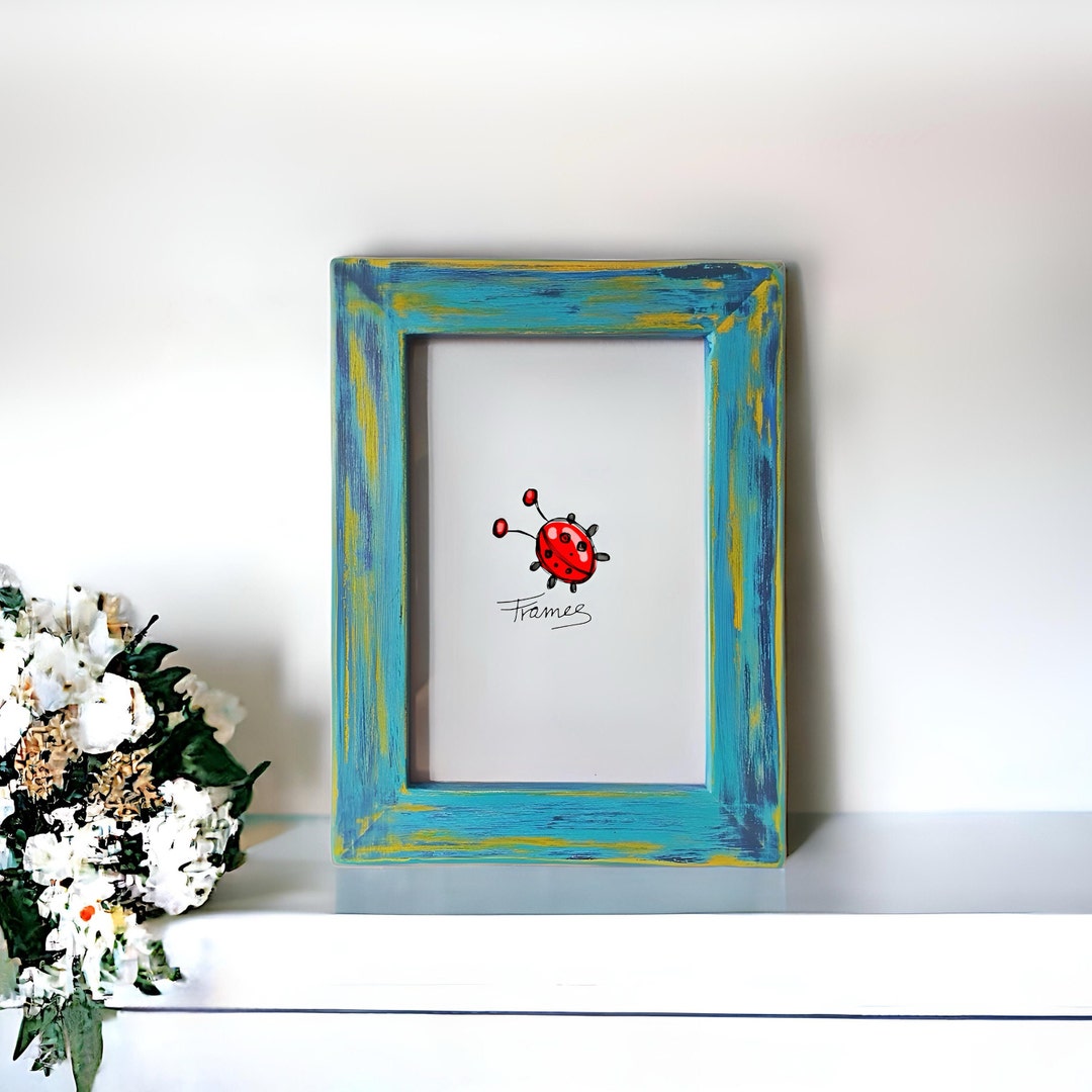 HAND PAINTED WOODEN Photo Frame Freestanding Distressed Unique Small ...