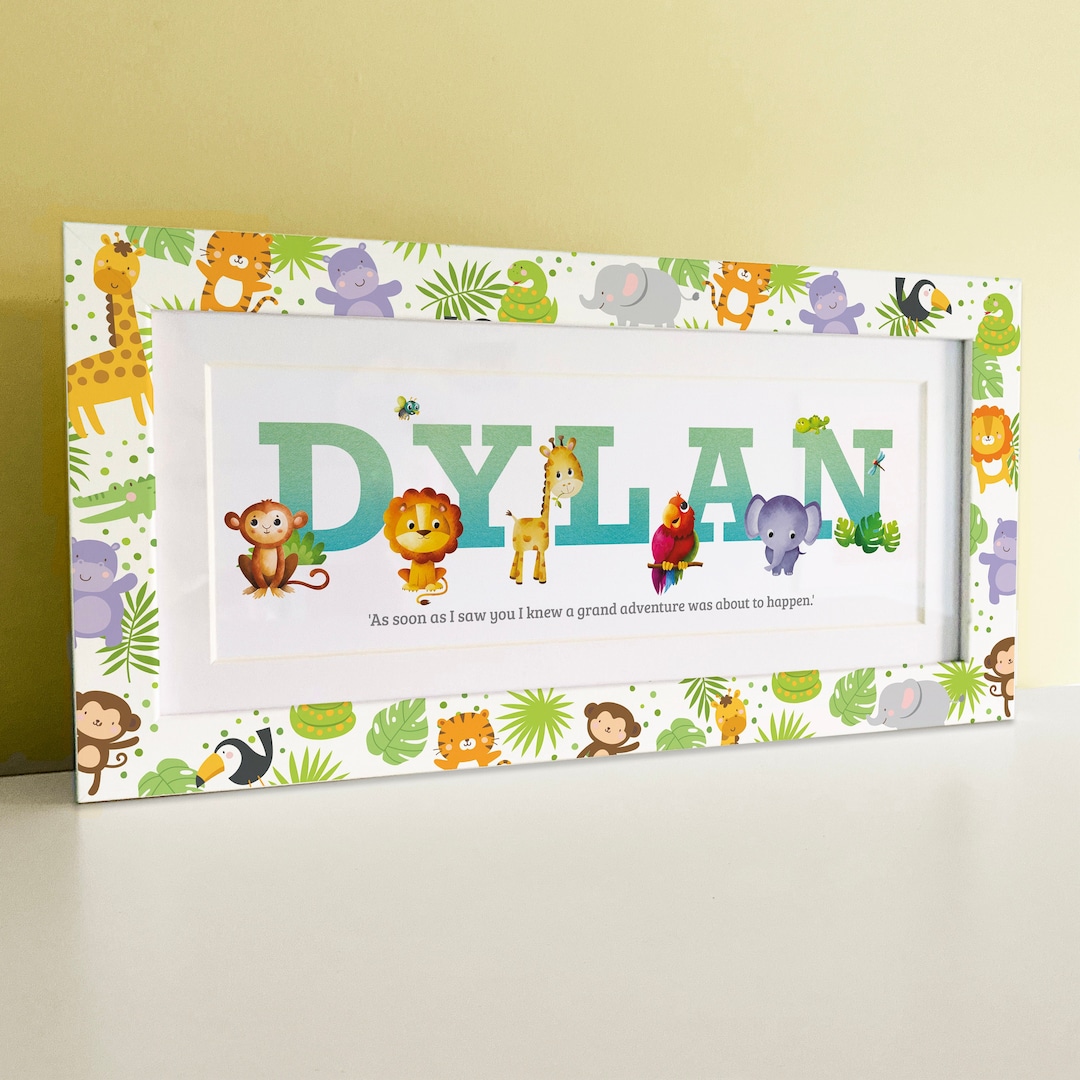 FRAMED Name Print Jungle Animals Print blue/green Text Personalised ...