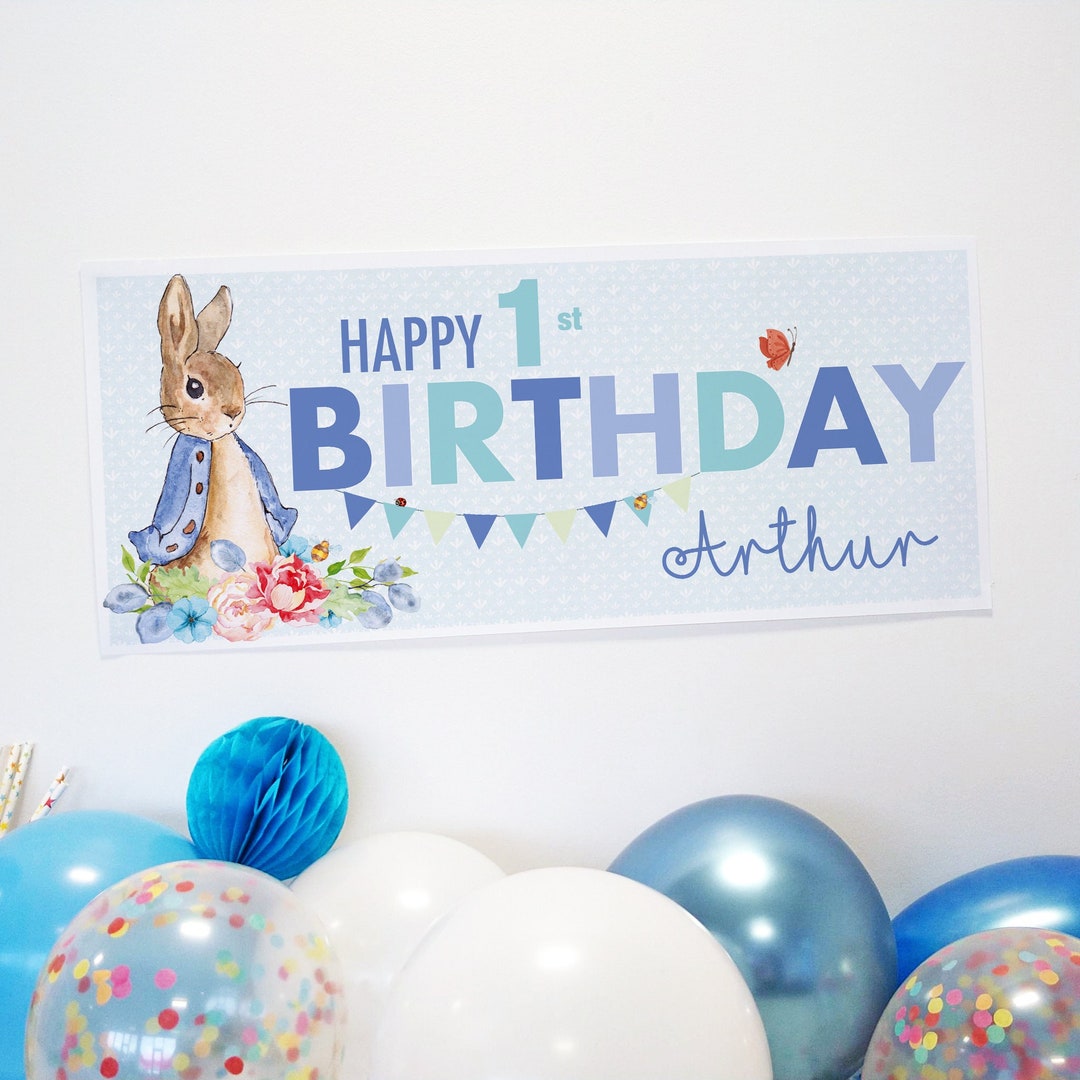 2 PACK OFFER Rabbit Birthday Banners Personalised for Kids Classic Blue ...