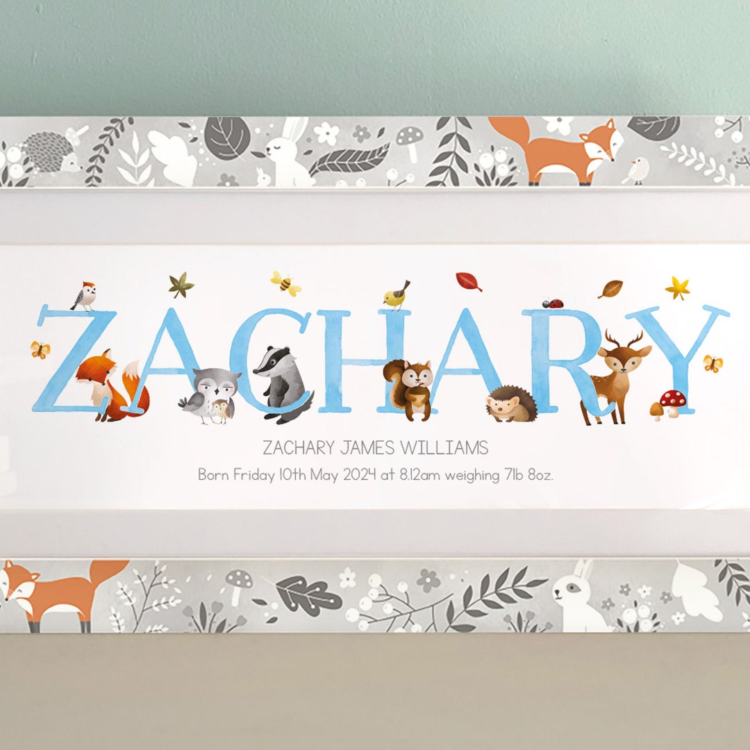 FRAMED Name Print Enchanting Woodland Animals Personalised baby gift ...