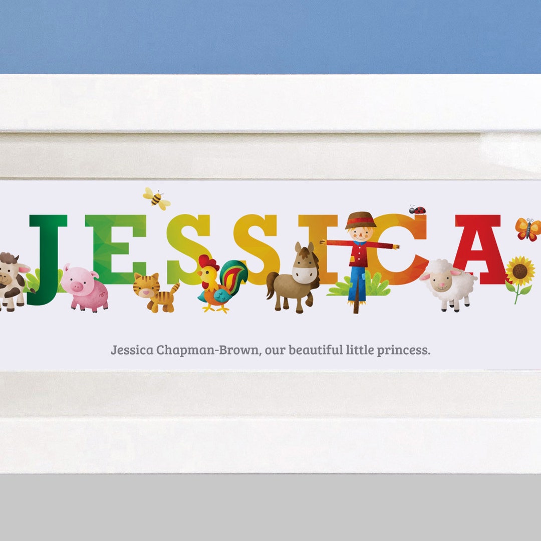 Framed Name Print - Farm Animals Design, Farmyard Nursery Decor ...