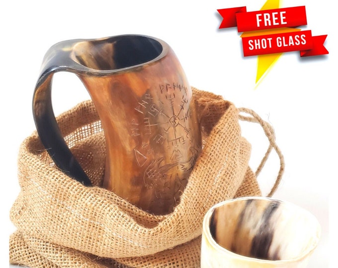 Burnt Horn Mug | Beer, Mead Tankard-viking Vegvisir, Raven, Tree of ...
