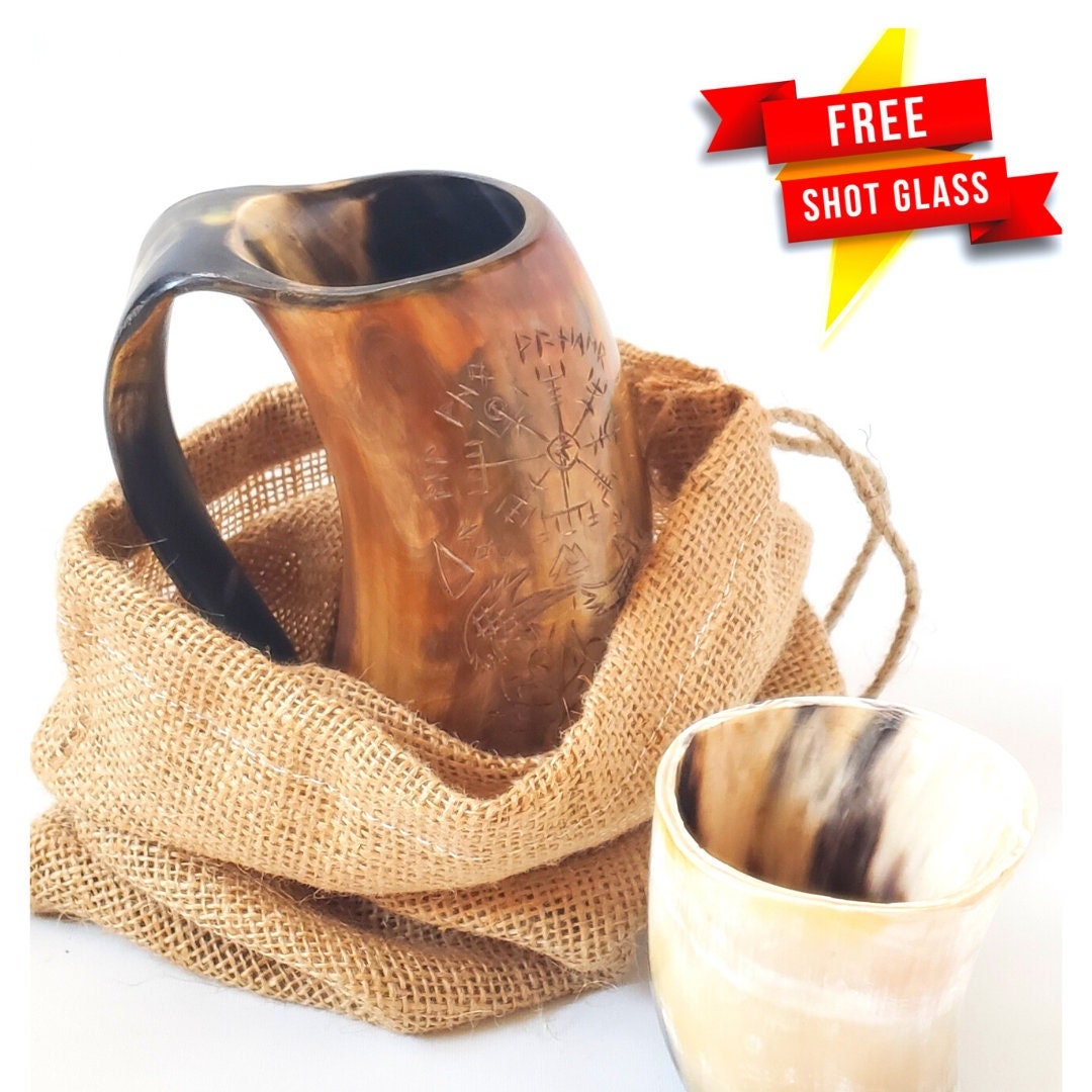 Burnt Horn Mug | Beer, Mead Tankard-viking Vegvisir, Raven, Tree of ...