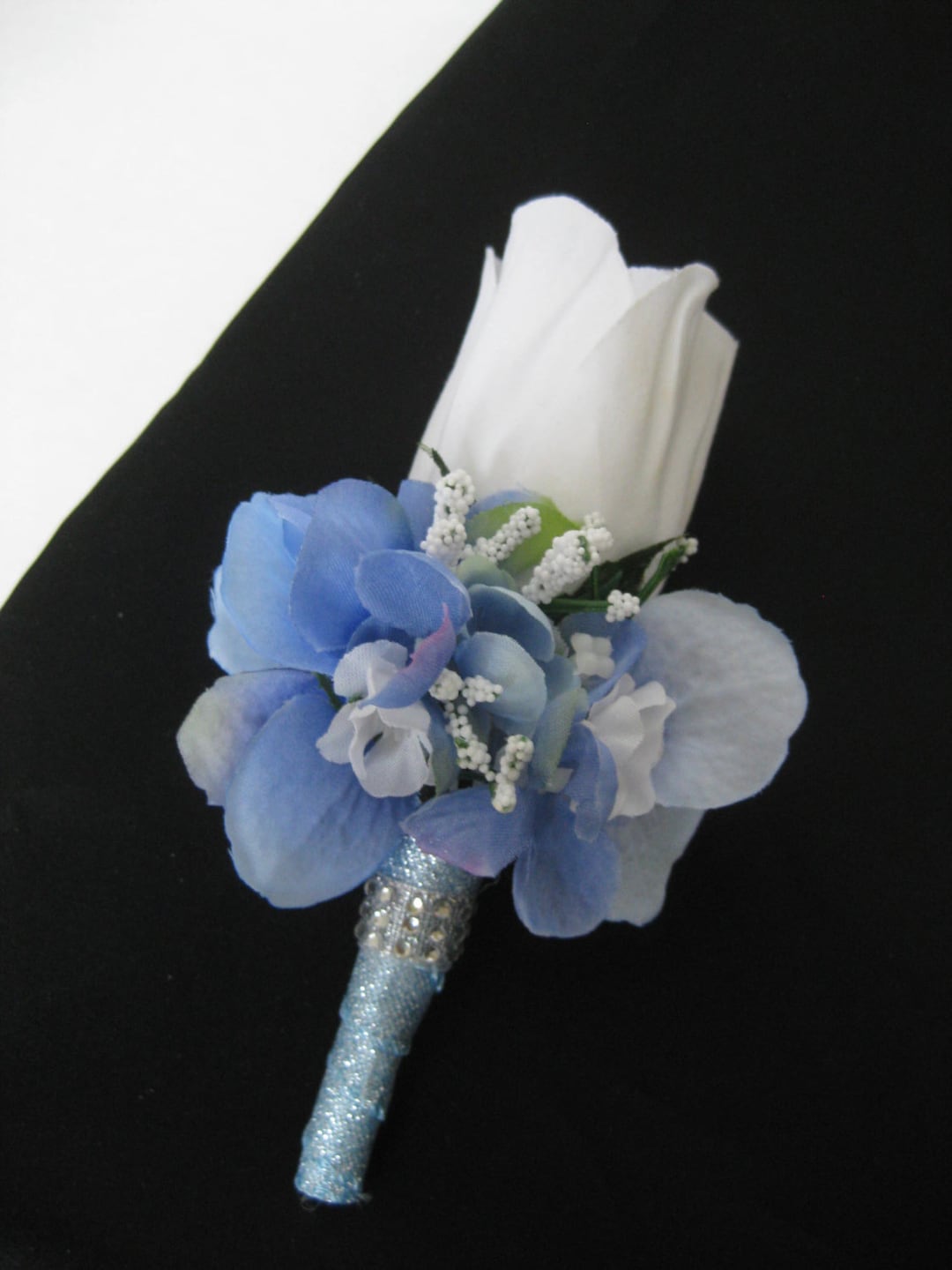White Baby Blue Wedding Groom Rose Flower Rhinestone Bling Boutonniere ...